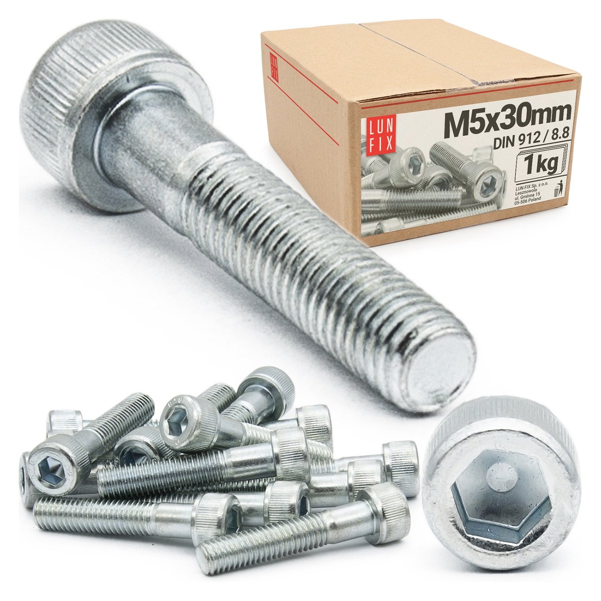 Śruba imbusowa M5x30 z łbem walcowym DIN912 kl. 8.8 ampulowa ocynk 1kg - Lun Fix | Sklep EMPIK.COM