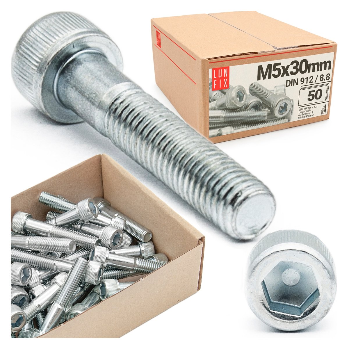 Śruba imbusowa M5x30 z łbem walcowym DIN912 kl. 8.8 ampulowa ocynk 50szt - Lun Fix | Sklep EMPIK.COM