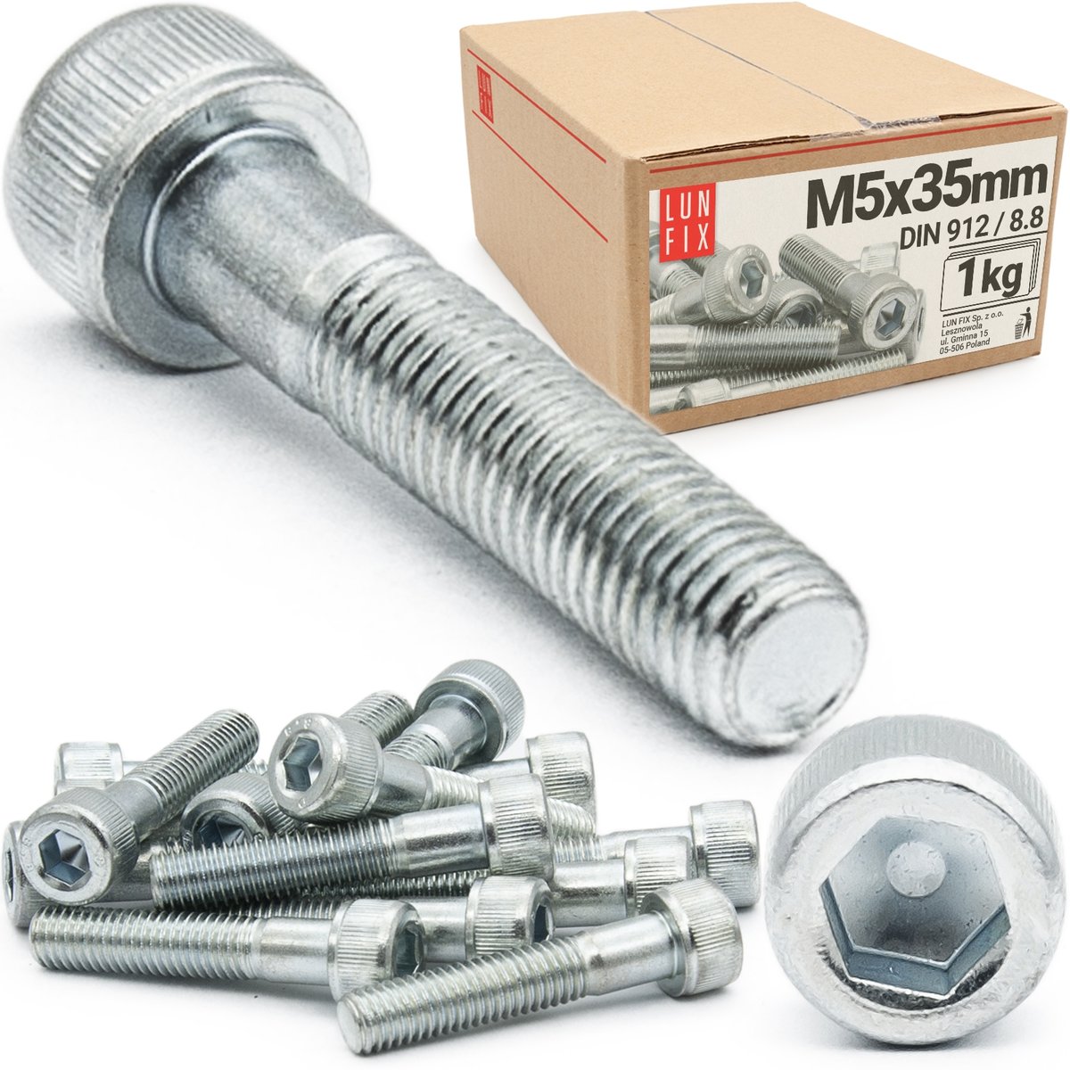 Śruba imbusowa M5x35 z łbem walcowym DIN912 kl. 8.8 ampulowa ocynk 1kg - Lun Fix | Sklep EMPIK.COM