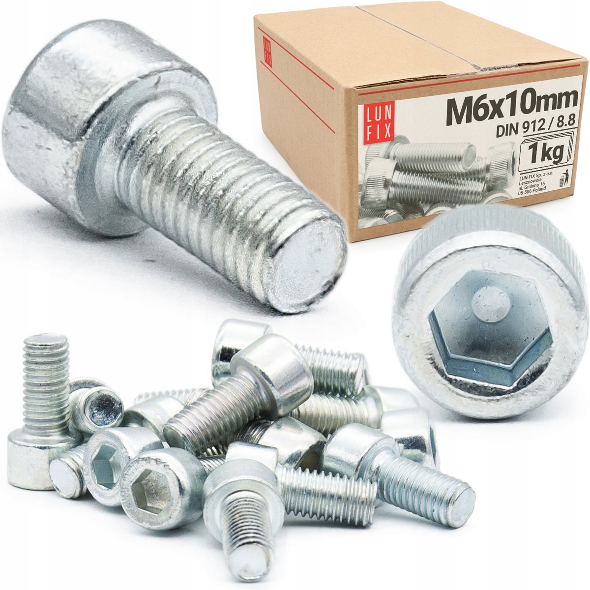 Śruba imbusowa M6x10 z łbem walcowym DIN912 kl. 8.8 ampulowa ocynk 1kg - Lun Fix | Sklep EMPIK.COM