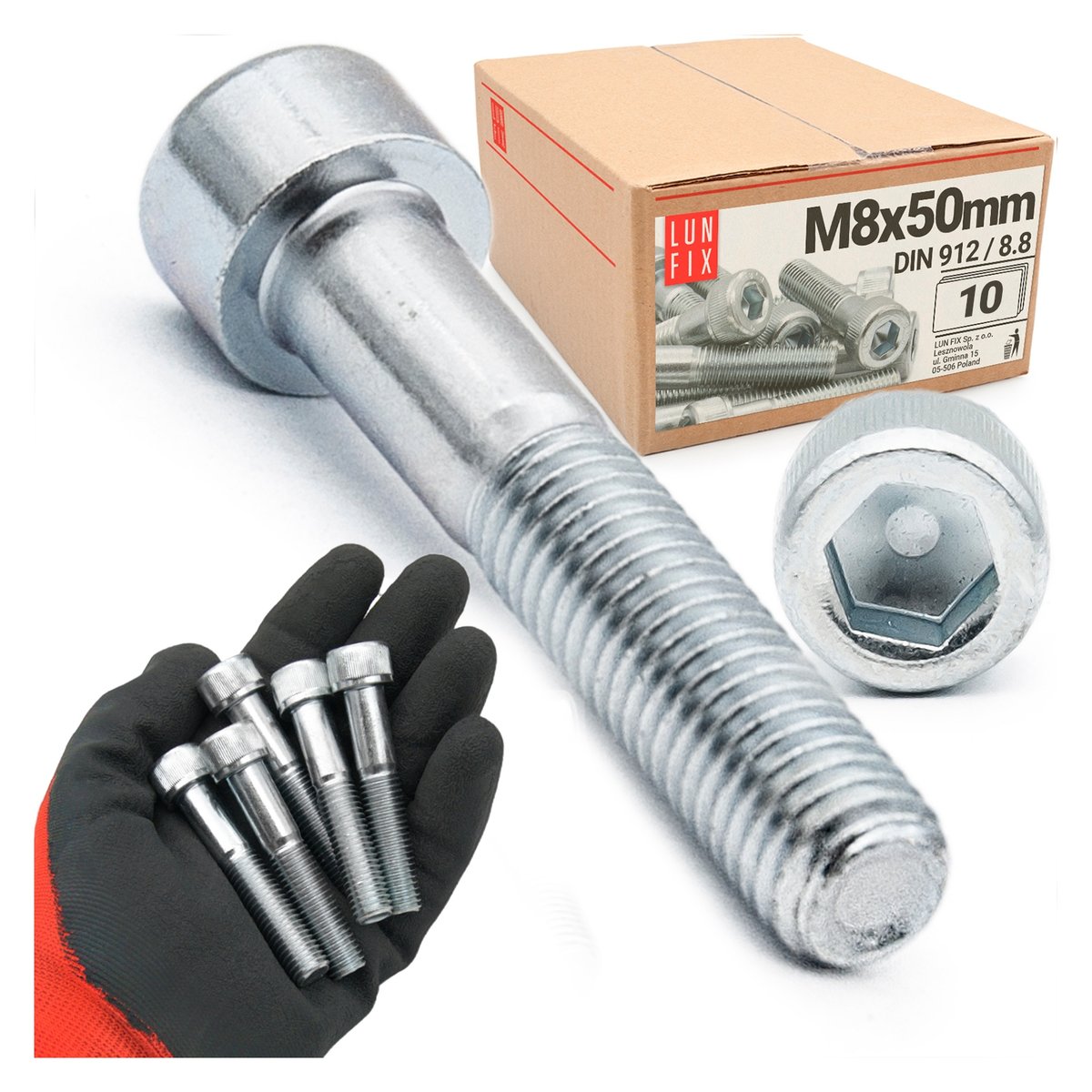 Śruba imbusowa M8x50 z łbem walcowym DIN912 kl. 8.8 ampulowa ocynk 10szt - Lun Fix | Sklep EMPIK.COM