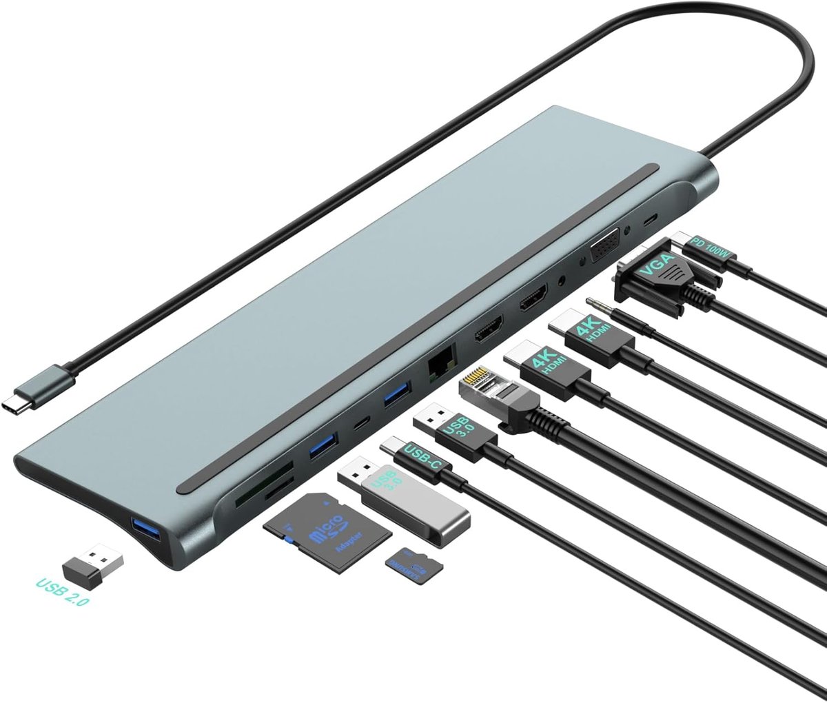 Stacja dokująca USB-C 2x HDMI 4K VGA 100 W PD VGA SD TF USB Ethernet ...