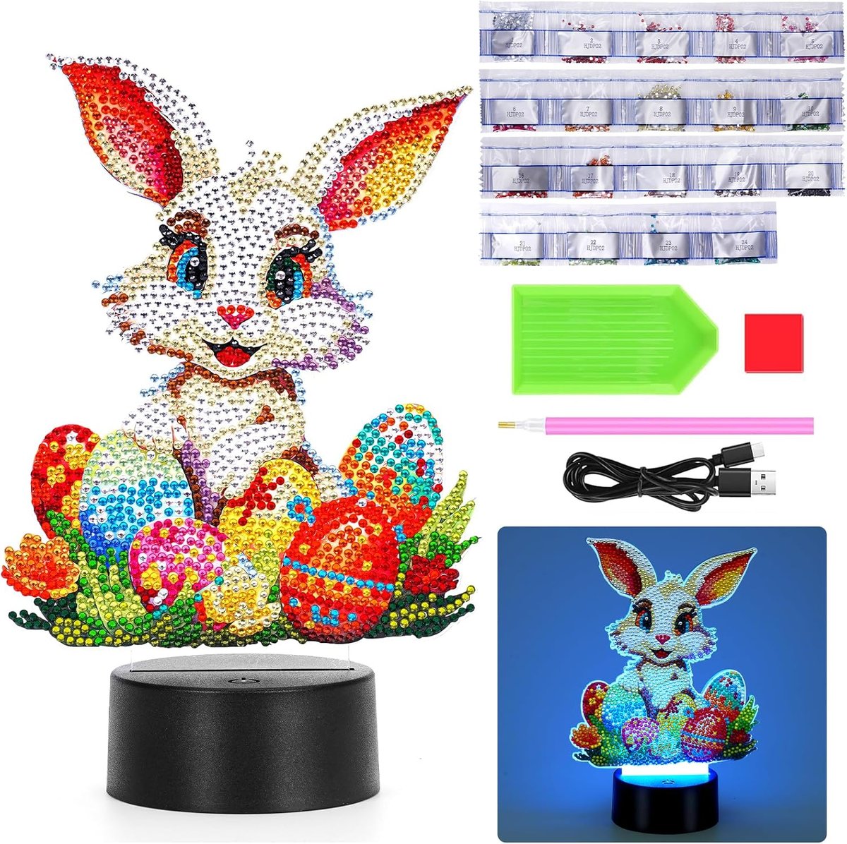 Starnearby Lampka Nocna LED Wielkanocna DIY Królik Malowanie Diamentami ...