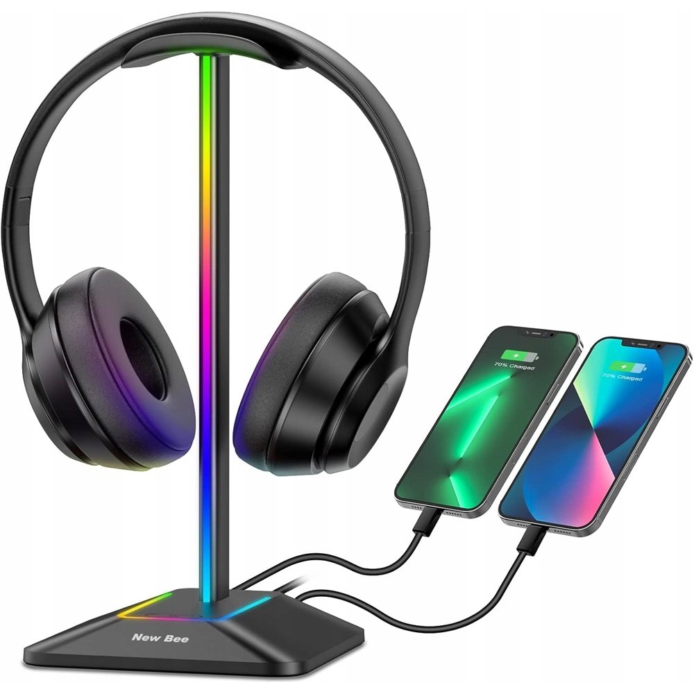 STOJAK NA SŁUCHAWKI RGB Z PODŚWIETLENIEM 2 PORTY USB ALUMINIOWY ...