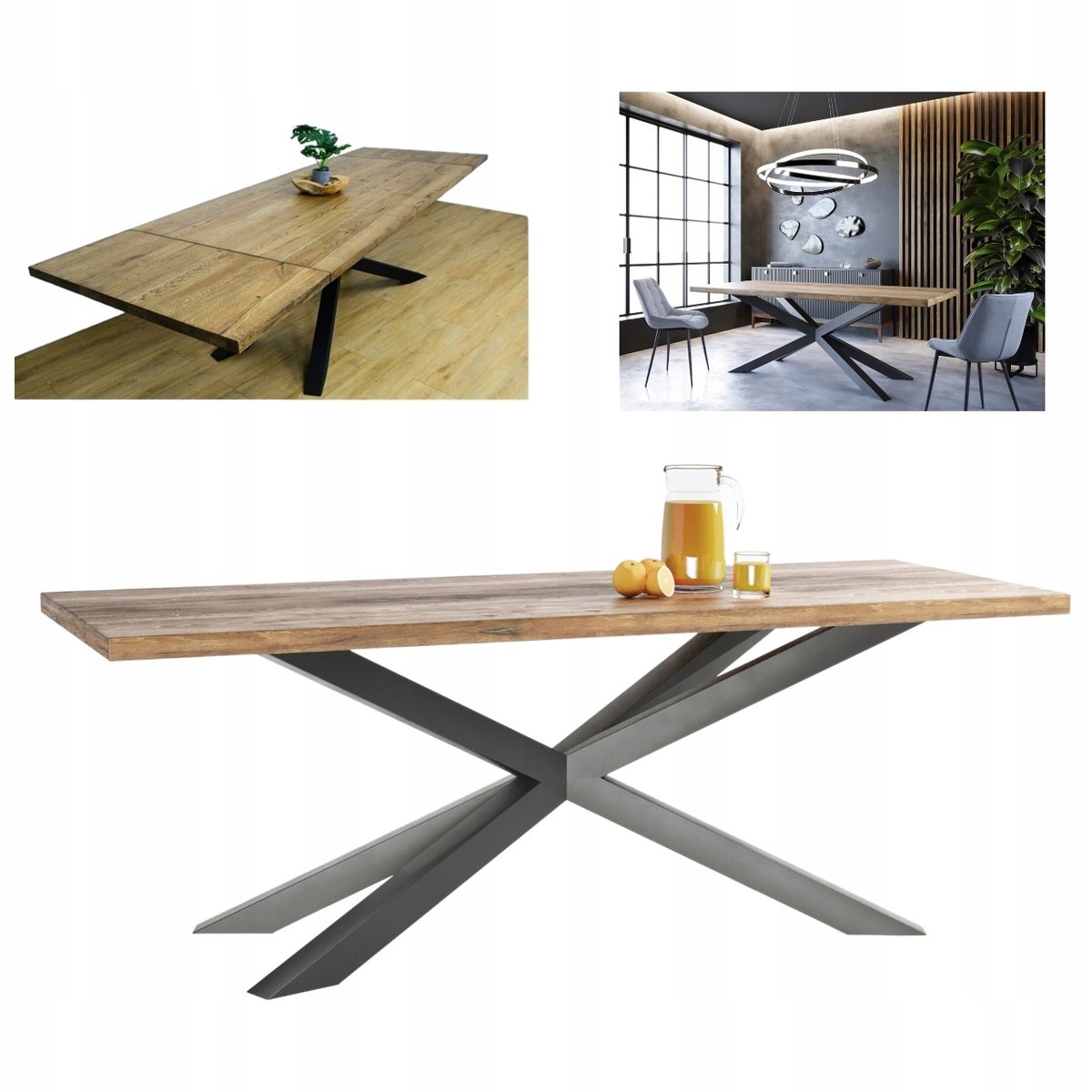 Stół Dębowy do Jadalni Loftowy Rozkładany Pająk 180/280 x 90 DĄB LITY ...