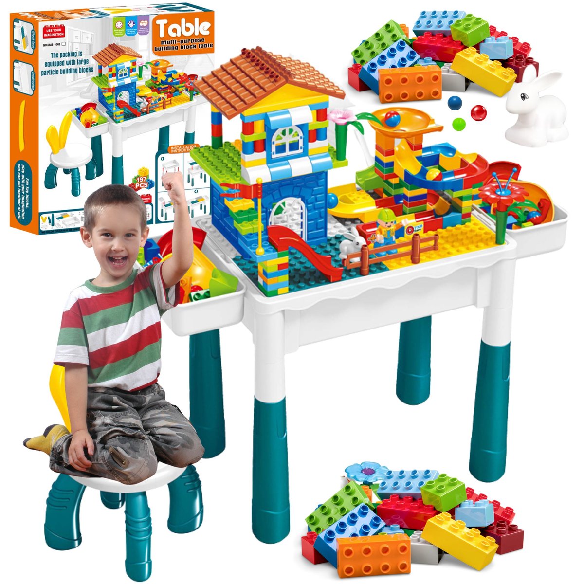 Stolik dla Dzieci z Klockami i Krzesełkiem 197 el Blat do Budowania ...
