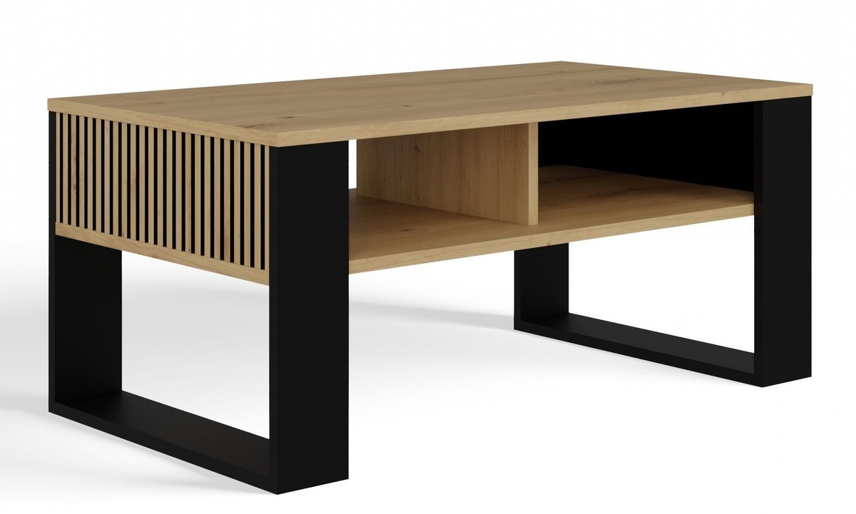 Stolik Kawowy Półki Ława MODERN 2P Slim Dąb Artisan Czerń Frezy Lamele ...