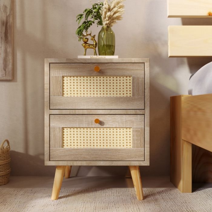 Stolik nocny Stolik nocny z 2 szufladami, dąb rattanowy, fronty szuflad ...
