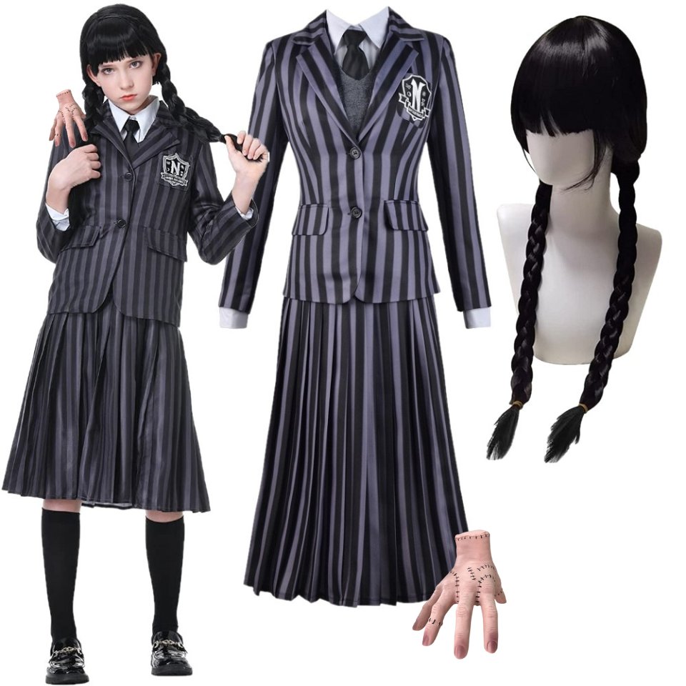 Strój Kostium Mundurek Wednesday Addams Cosplay 152/158 (S) + Rączka Thing Dance Peruka - Hopki ...