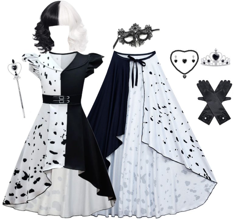 Strój Kostium Przebranie Sukienka Cruella De Mon 101 Dalmatyńczyków Rękawiczki Cosplay Peruka ...
