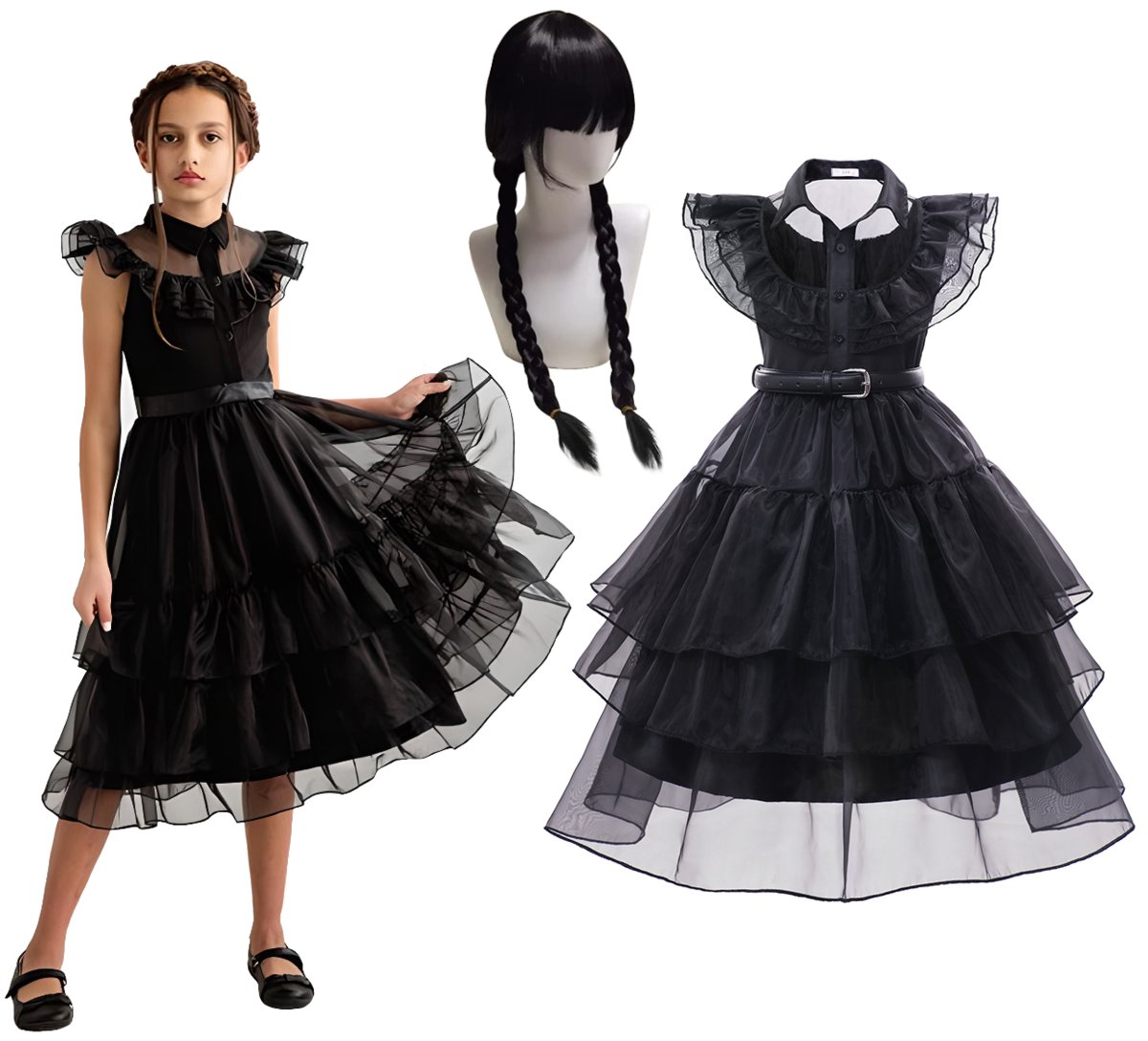 STRÓJ KOSTIUM SUKIENKA WEDNESDAY ADDAMS COSPLAY PERUKA NA HALLOWEEN 158 ...