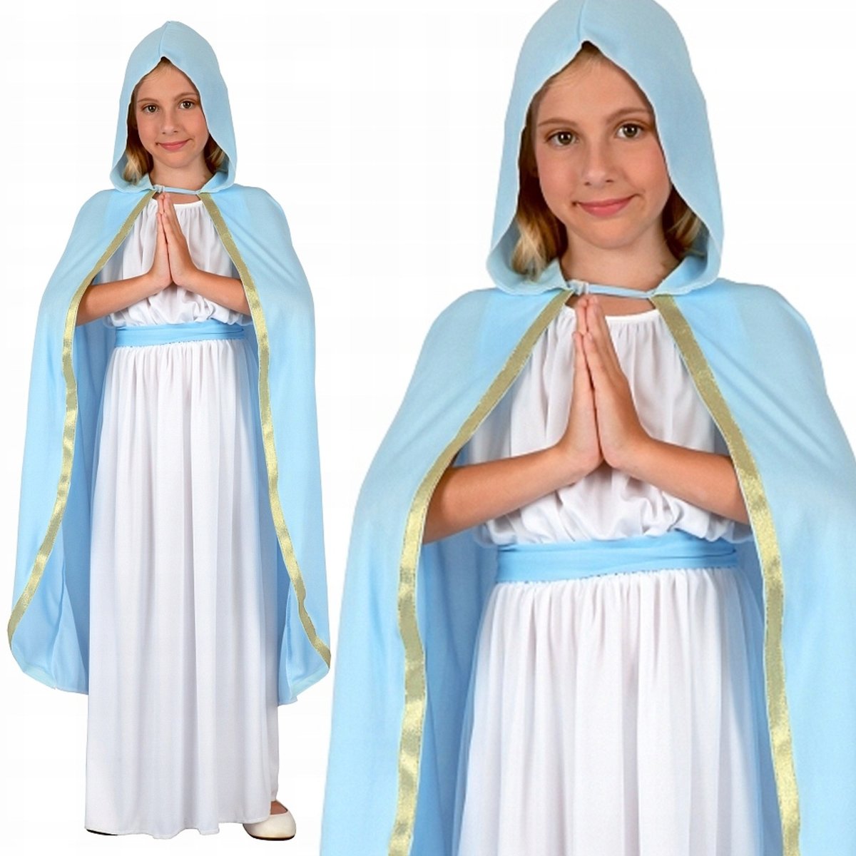 Strój Maryjny dla Dzieci Sukienka Maryi z Peleryną i Kapturem Jasełka - M 120-130 - del-sol ...