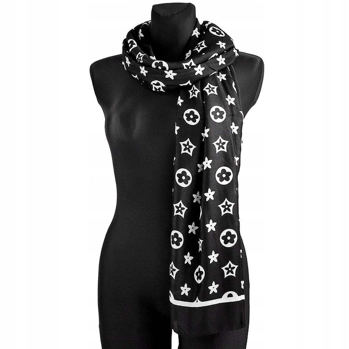 Stylowy Duży Szal Damski Czarny Szalik Husta Hit Czarno-Biały Dla ...