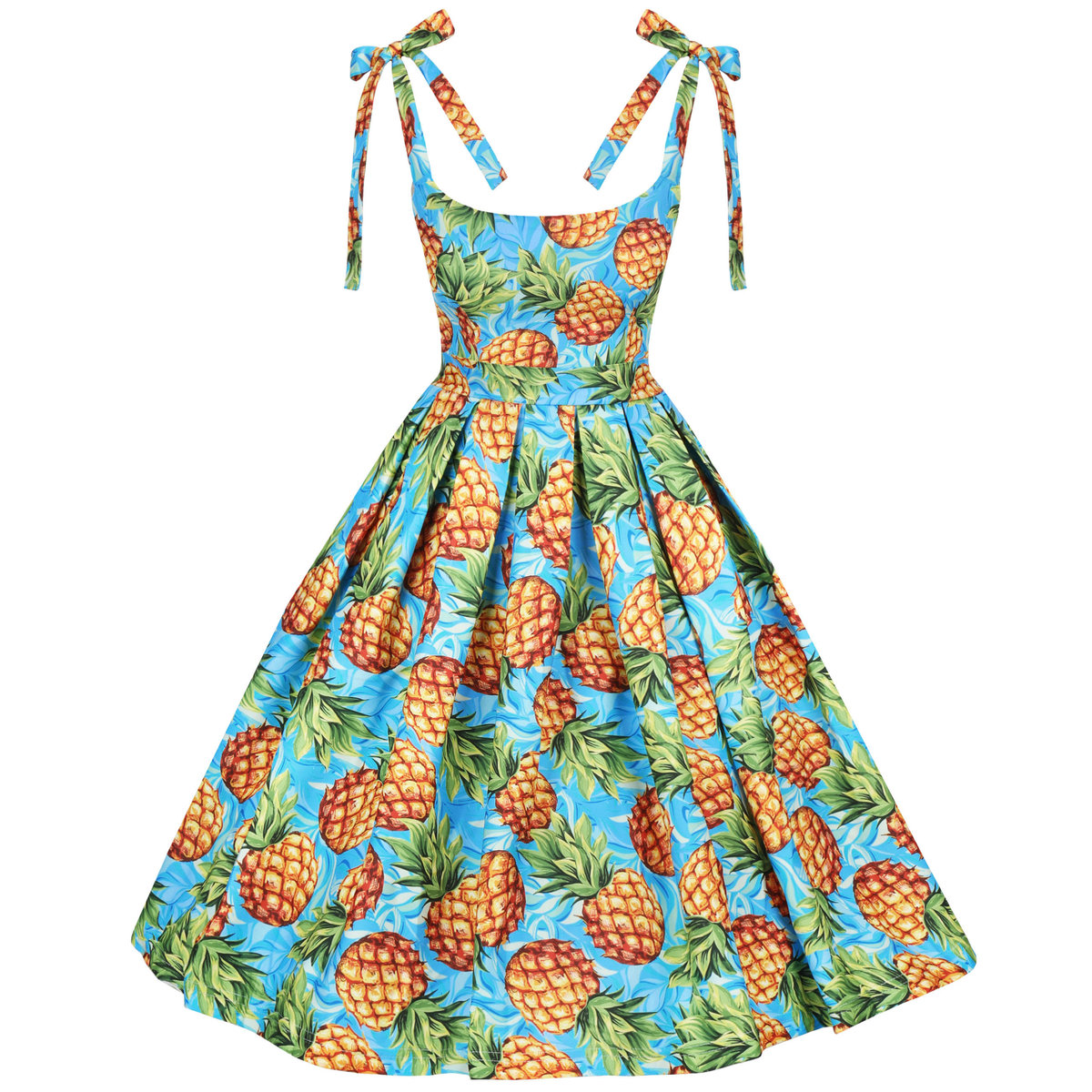 Sukienka PIN UP w ananasy niebieska retro lata 60 70 80 rozkloszowana midi - Wonderlandia | Moda ...