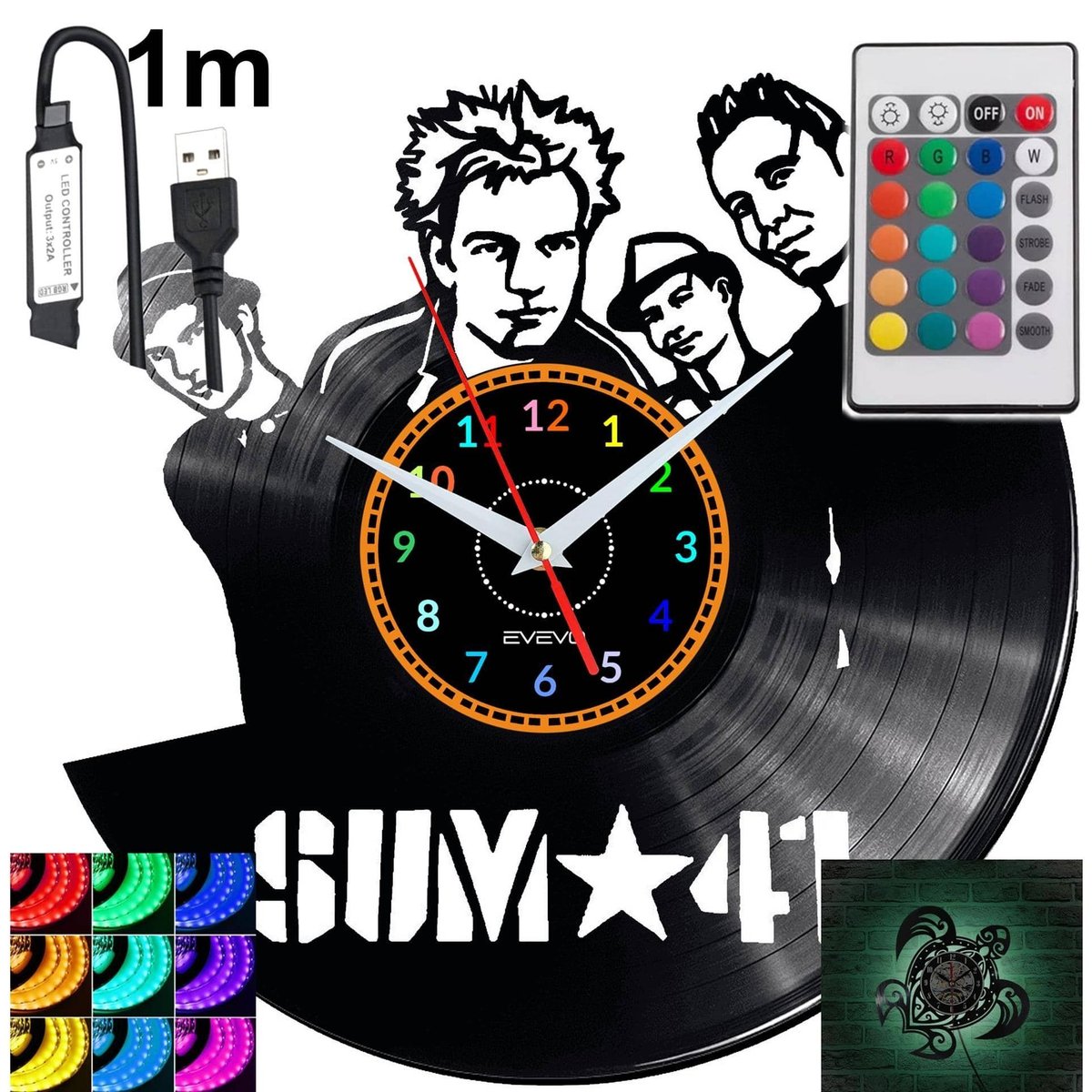 SUM41 Zegar Ścienny Podświetlany LED RGB Na Pilota Płyta Winylowa ...