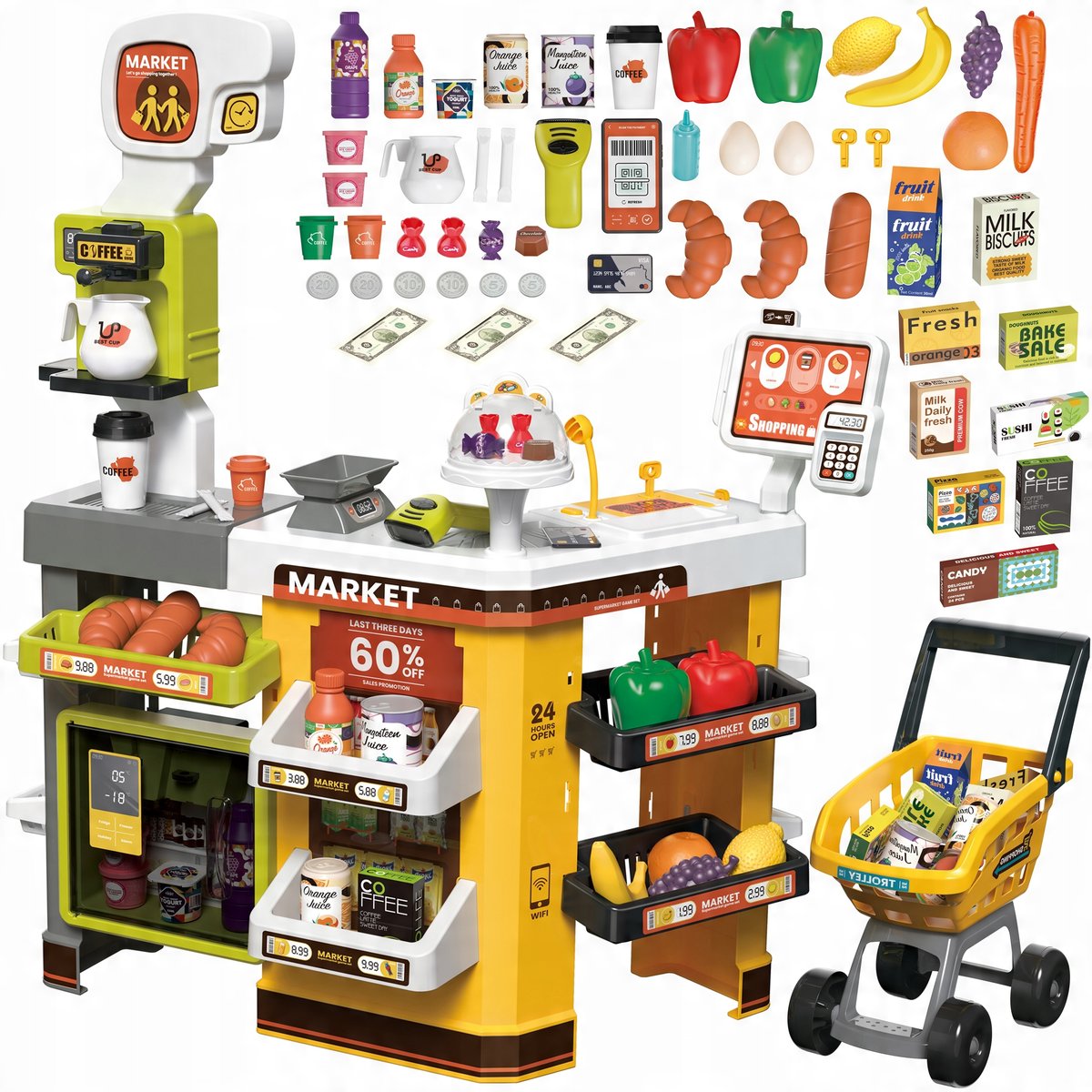 SUPERMARKET DUŻY SKLEP KOSZYK DLA DZIECI LODÓWKA Z PARĄ WIFI WAGA MATAD ...