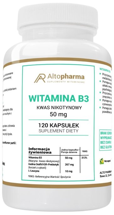 Suplement diety, AltoPharma, Witamina B3 50mg Niacyna (PP), 120 kaps ...