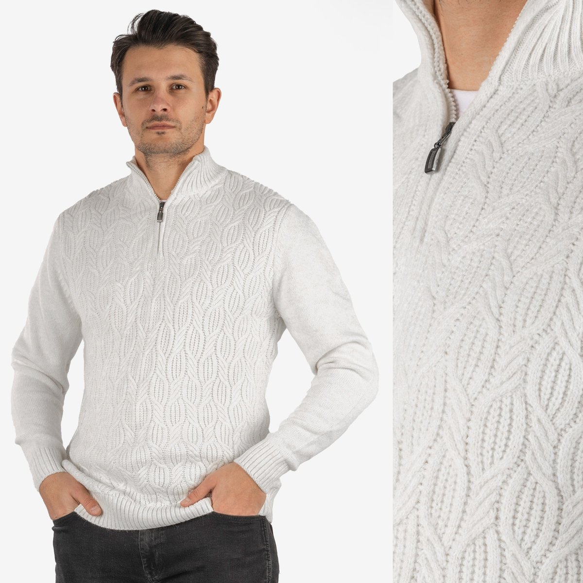 Sweter Męski Biały Golf Rozpinany Gruby Zimowy Wełniany Ciepły L - Inna ...