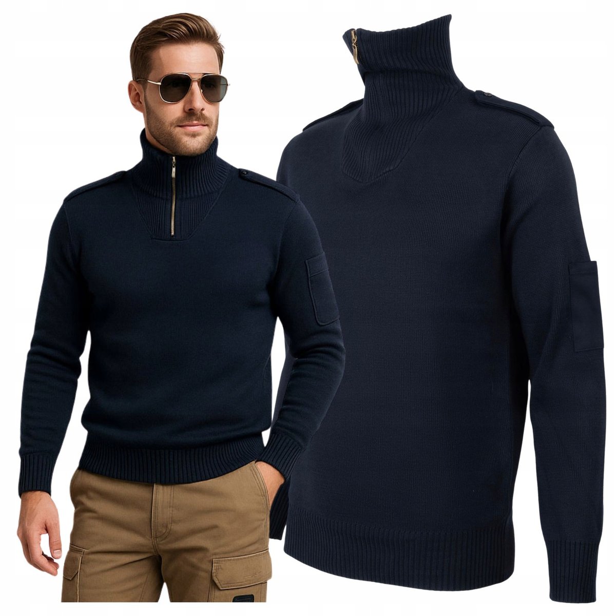 Sweter Męski NAVIGATOR Granatowy z Zamkiem i Pagonami Styl Lotniczy XL ...