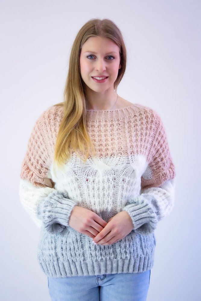 Sweter z Bufiastymi Rękawami w Warkocze Pudrowo-Kremowo-Popielaty UNI ...