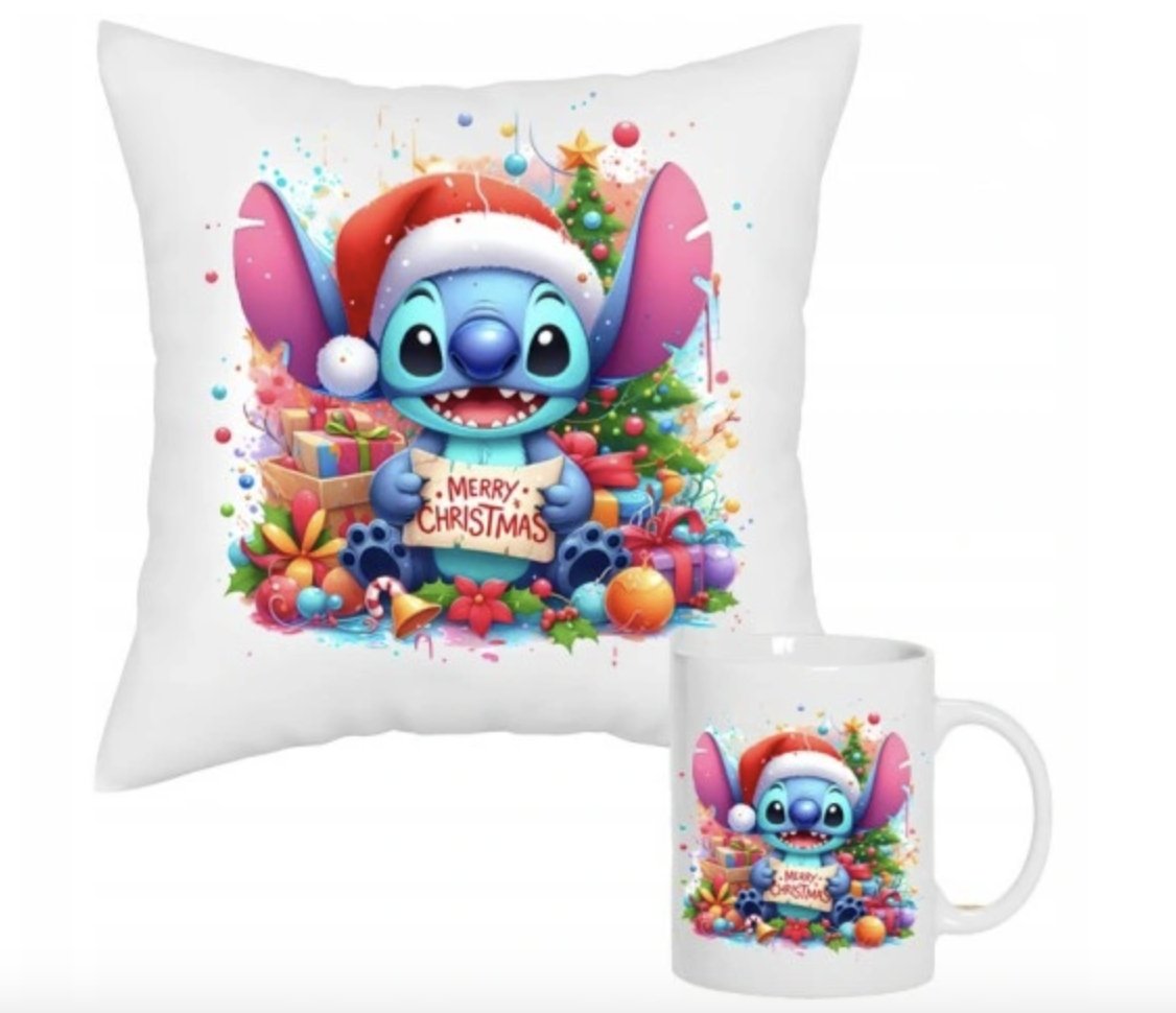 Świąteczny ZESTAW PODUSZKA + KUBEK Prezent STICH STICZ STITCH + IMIĘ 22 ...