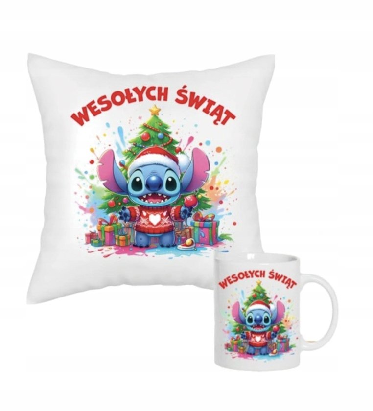 Świąteczny ZESTAW PODUSZKA + KUBEK Prezent STICH STITCH STICZ + IMIĘ 47 ...