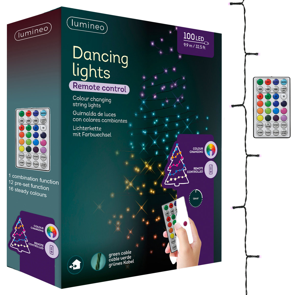Światełka choinkowe 100LED/9,9m zmieniające kolor z pilotem na zielonym kablu - Kaemingk | Sklep ...