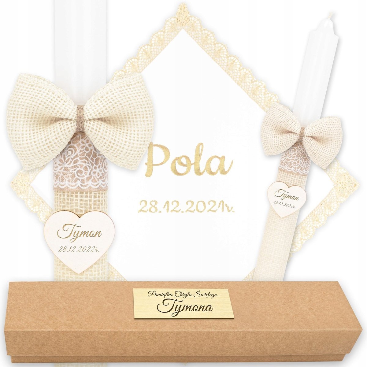 ŚWIECA DO CHRZTU BIAŁA SZATKA HAFTOWANA NA CHRZEST + PUDEŁKO styl boho ...