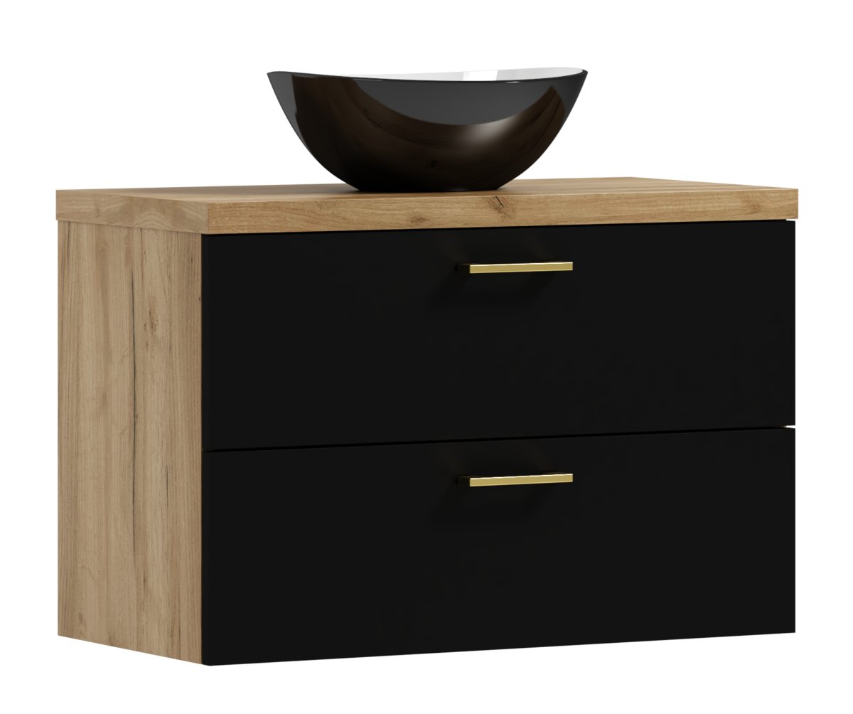 Szafka łazienkowa wisząca LUNA 80 czarny/dąb craft złoty z umywalką ...