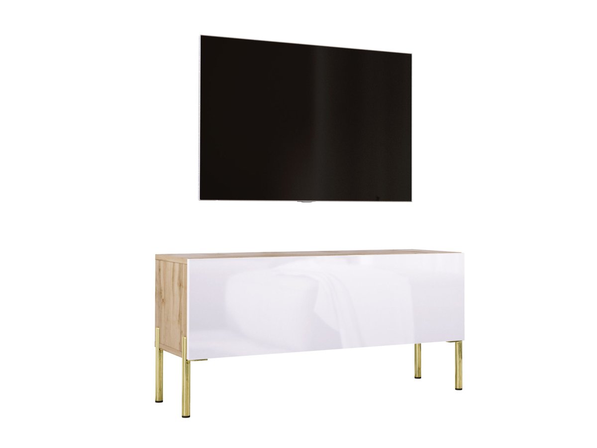 Szafka Pod Telewizor O Szerokości 100 Cm W Kolorze Dąb Wotan/Biały Połysk Z Prostymi Nóżkami W ...