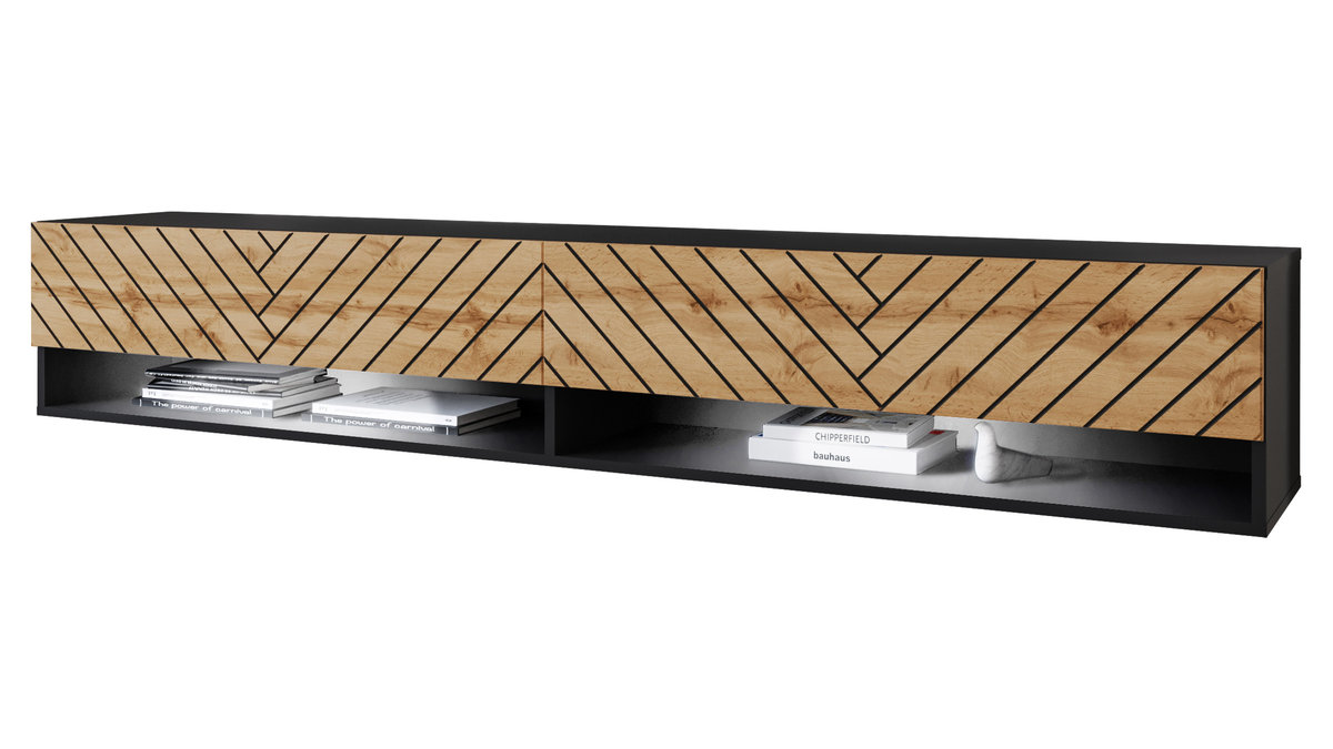 Szafka RTV A180 MDF, z oświetleiem LED RGB, Czarny Grafit / Jodełka ...