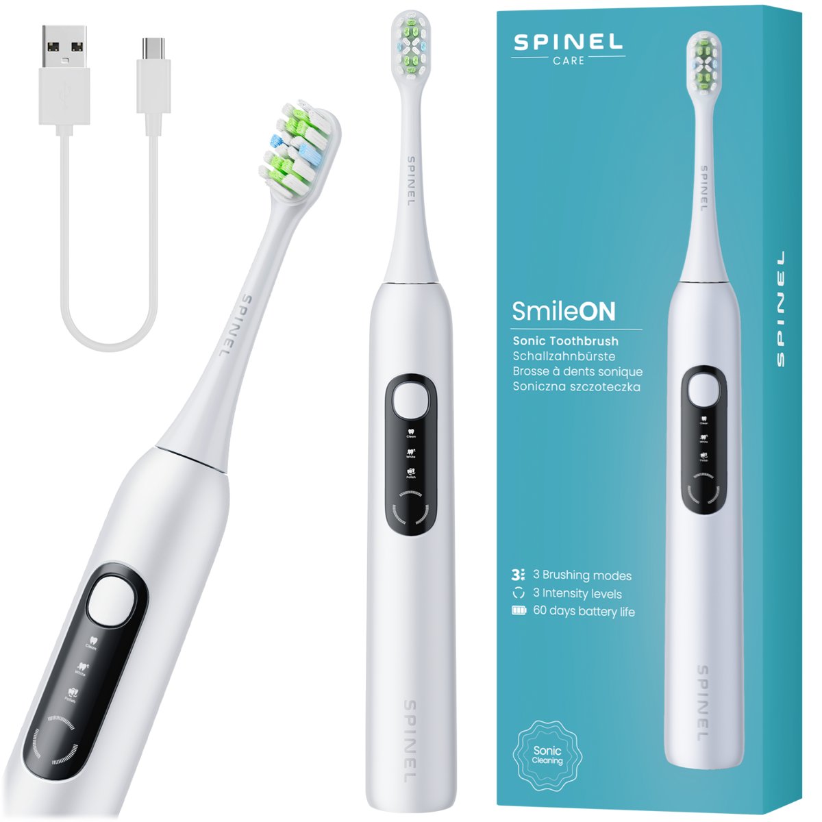 Szczoteczka soniczna SPINEL CARE SmileON - Biała 3 tryby USB-C 60 dni ...