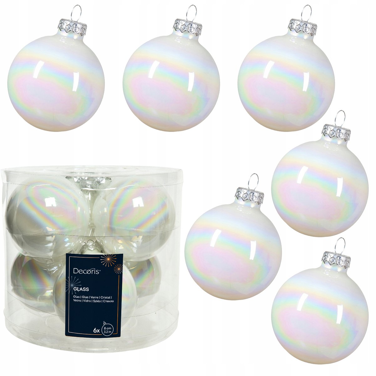 Szklane Dekoracje Bombki Choinkowe Białe Iryzowane 6 szt. 8cm w Tubie - Kaemingk | Sklep EMPIK.COM
