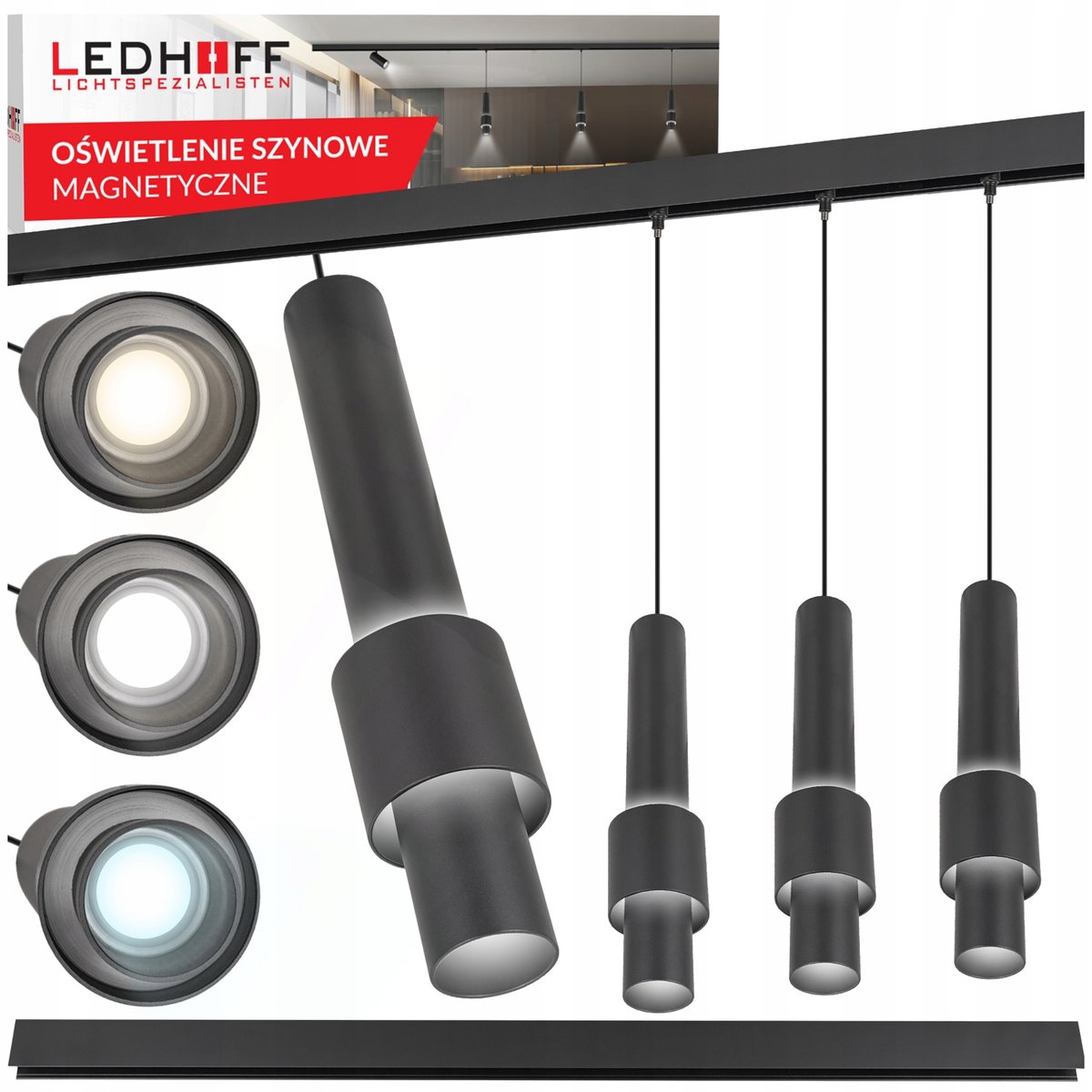 Szyna magnetyczna LED 1m + 3x lampa wisząca punktowa 12W Z KABLEM 3 ...