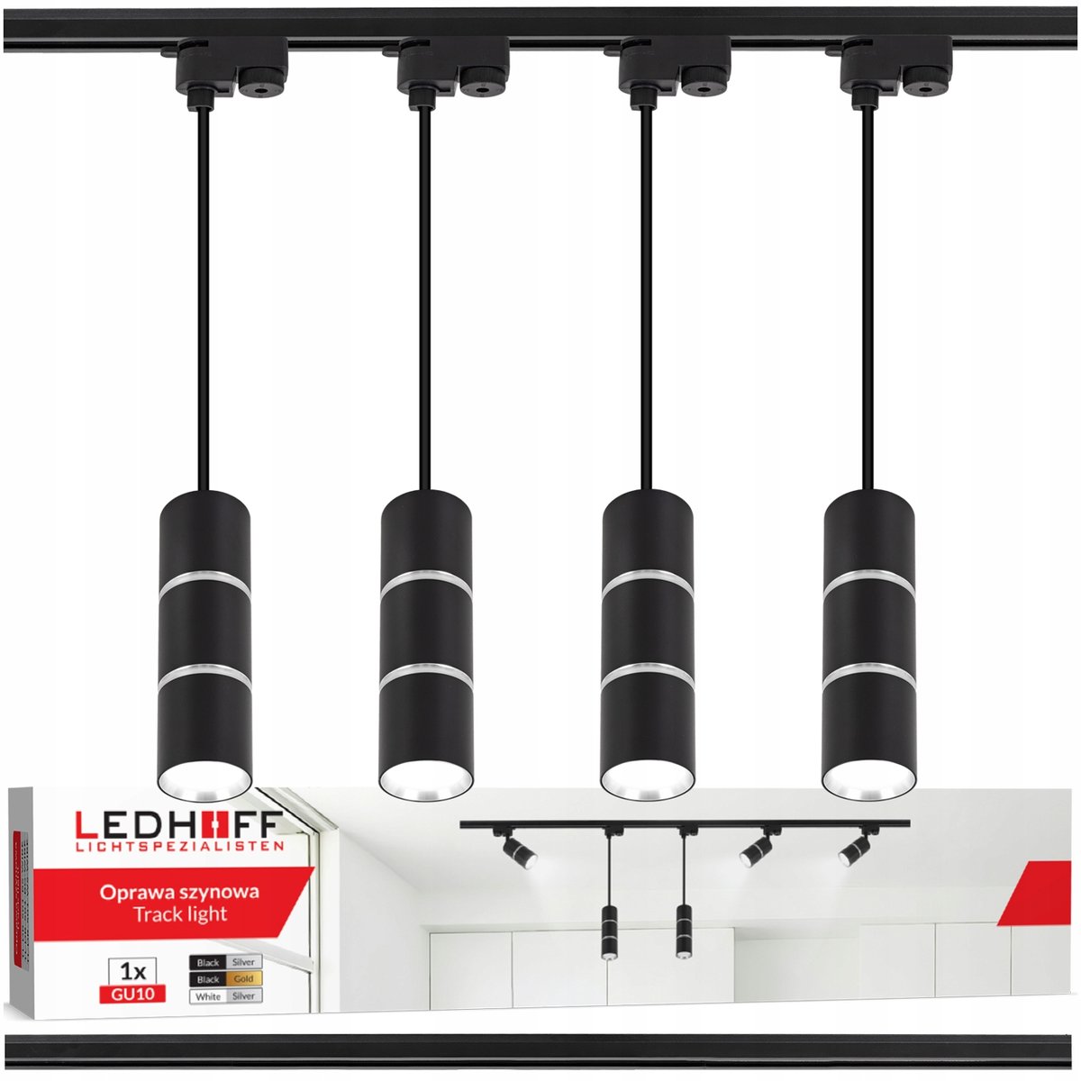 Szynoprzewód Szyna 1m + 4x lampa wisząca LED TUBA GU10 Oświetlenie ...