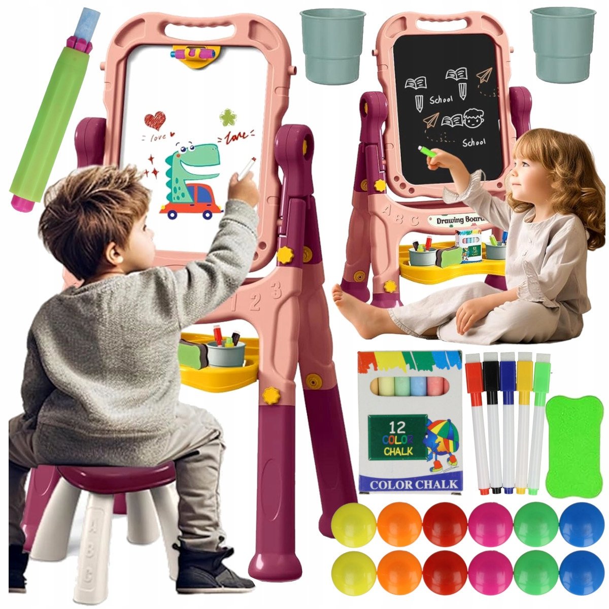 Tablica Edukacyjna 2W1 Magnetyczna Kredowa Stojąca + Akcesoria Kredy ...