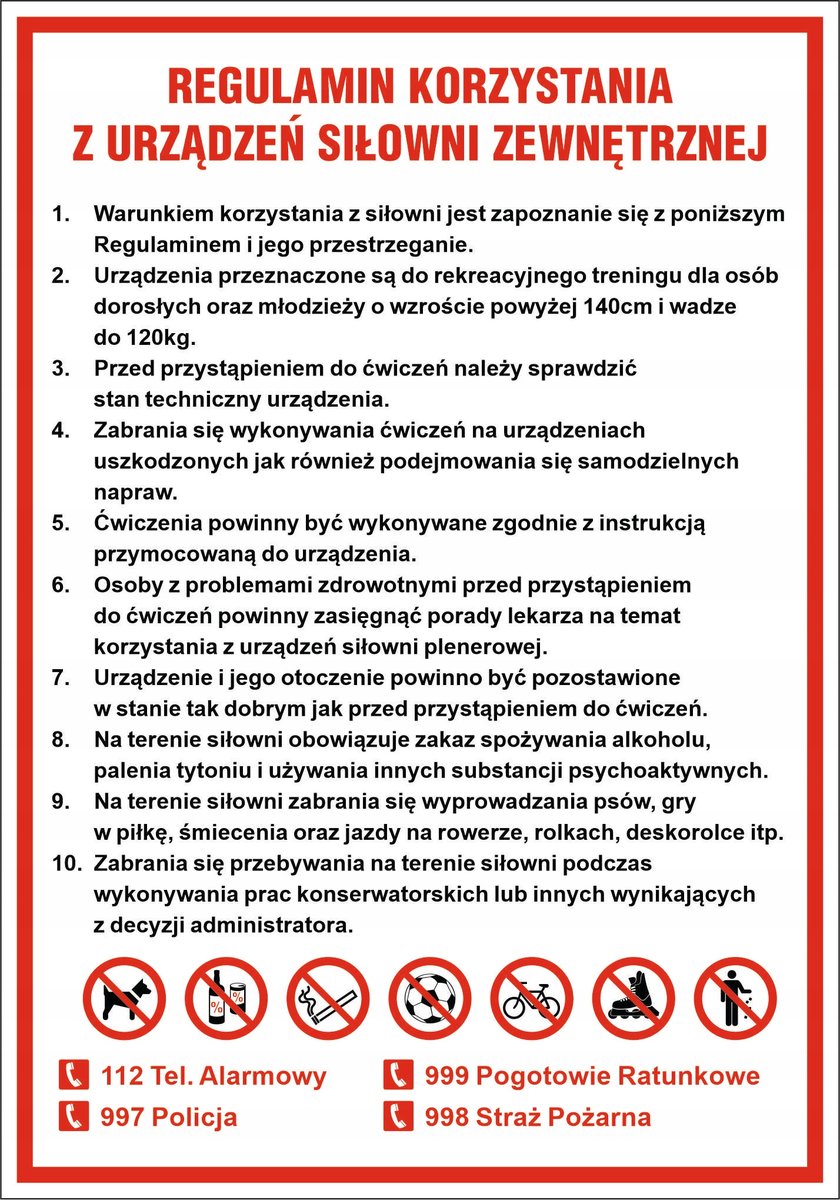 Tablica REGULAMIN SIŁOWNI ZEWNĘTRZNEJ, PLENEROWEJ 2 - 70x100cm PCV 5mm - Inna marka | Sklep ...