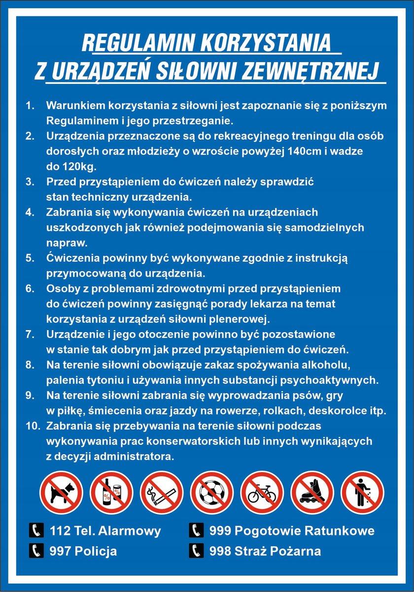Tablica REGULAMIN SIŁOWNI ZEWNĘTRZNEJ, PLENEROWEJ 3 - 70x100cm PCV 5mm - Inna marka | Sklep ...