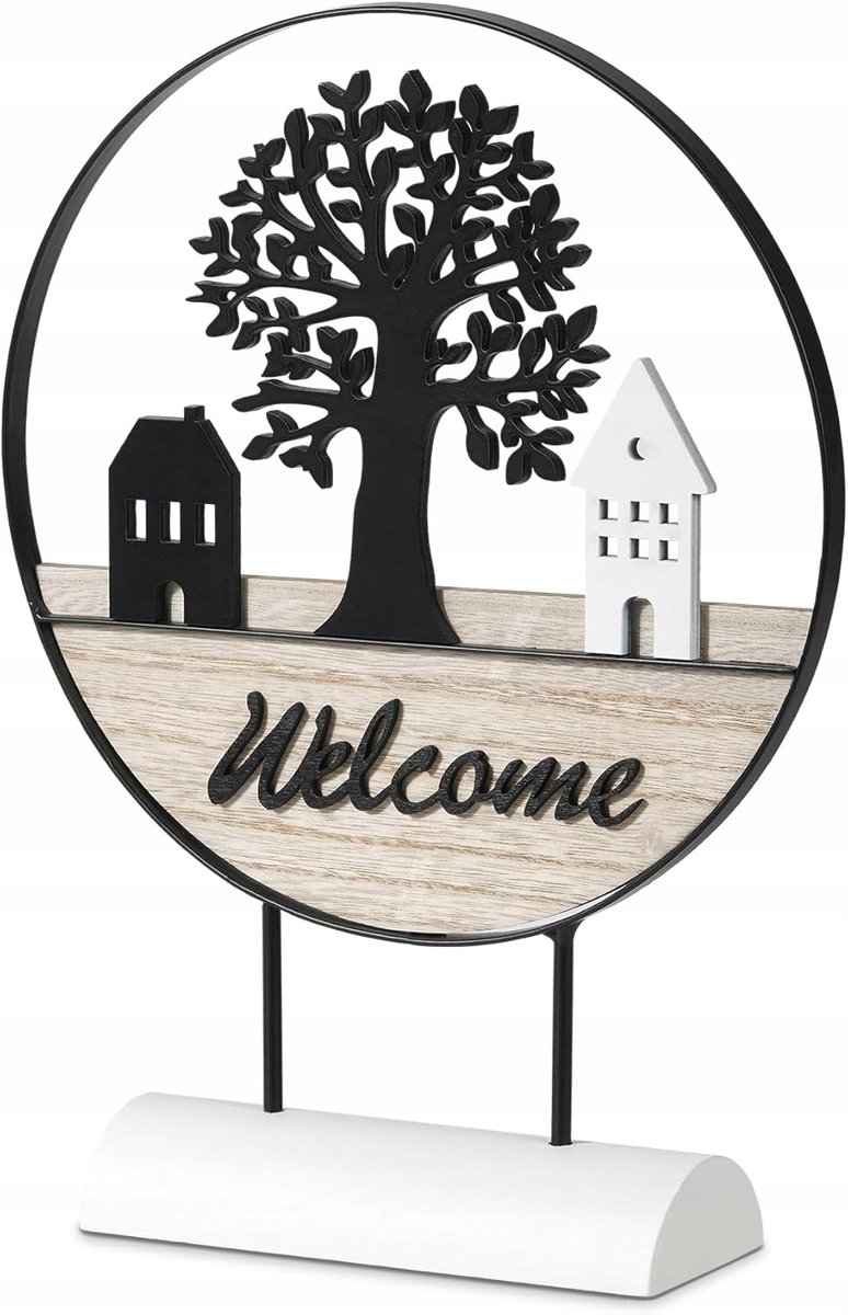 Tabliczka dekoracyjna napis Welcome Czarny metal i drewno 24 x 32 cm ...