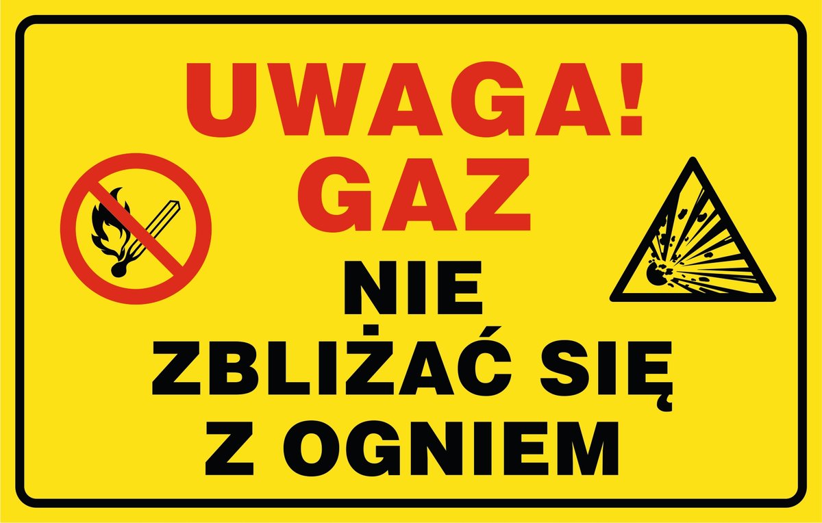 Tabliczka: Uwaga! Gaz nie zbliżać się z ogniem + piktogramy 10x15cm PCV ...