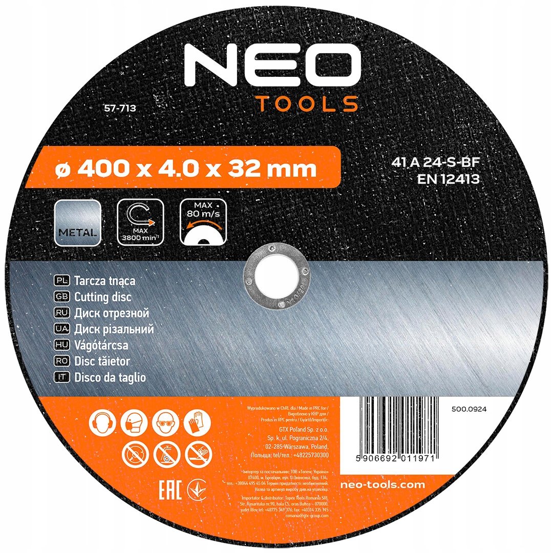 Tarcza tnąca do metalu 400 x 4.0 x 32 mm, 41 A24-S-BF - NEO TOOLS ...