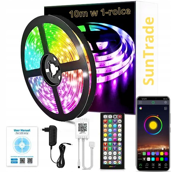 Taśma LED 10M RGB 5050 Aplikacja Mobilna BLUETOOTH PILOT MUZYKA JEDNA ...