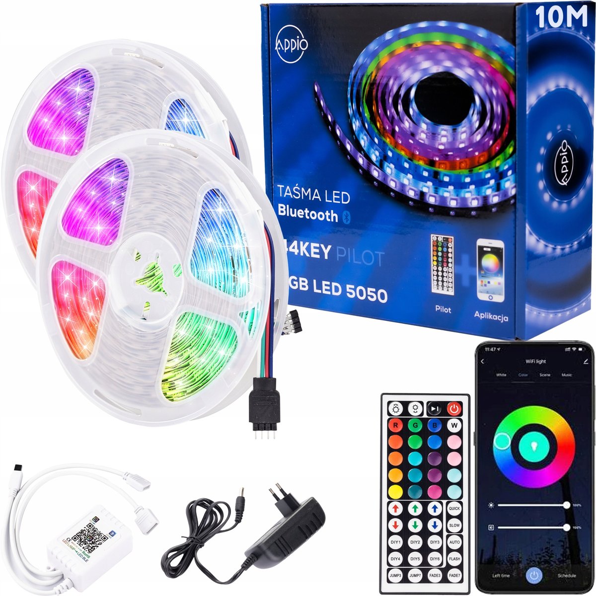 Taśma LED 10m RGB Bluetooth + PILOT Zestaw LEDY Mocna Na Pilota ...