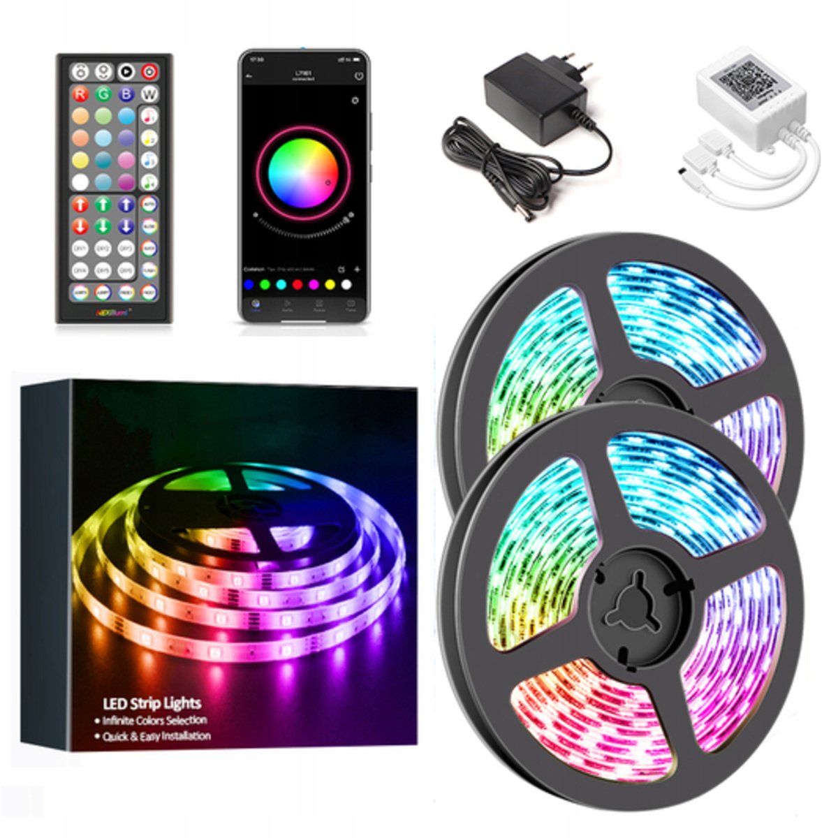 Taśma Led 12M RGB 5050 Aplikacja Na Telefon Bluetooth Pilot Zasilacz ...