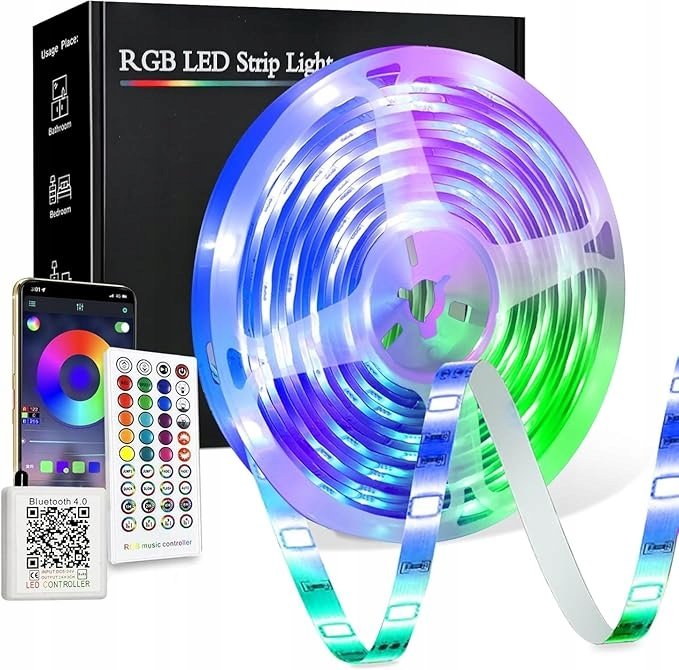 Taśma LED 20M 12v RGB Bluetooth APLIKACJA MOBILNA PILOT MUZYKA ZESTAW ...