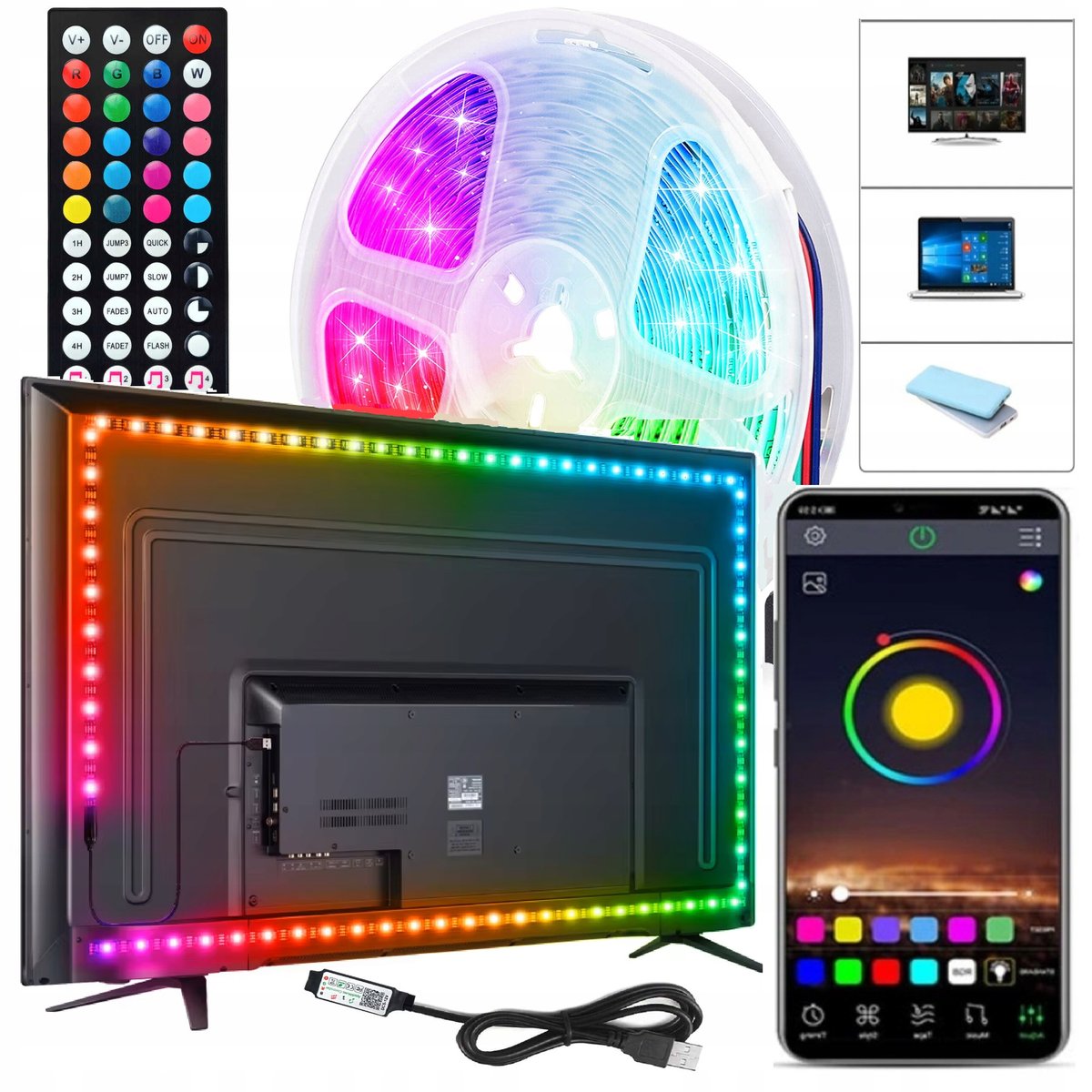 TAŚMA LED 4M RGB USB 5050 do TV Ledy PILOT APLIKACJA ZESTAW PAMIĘC ...