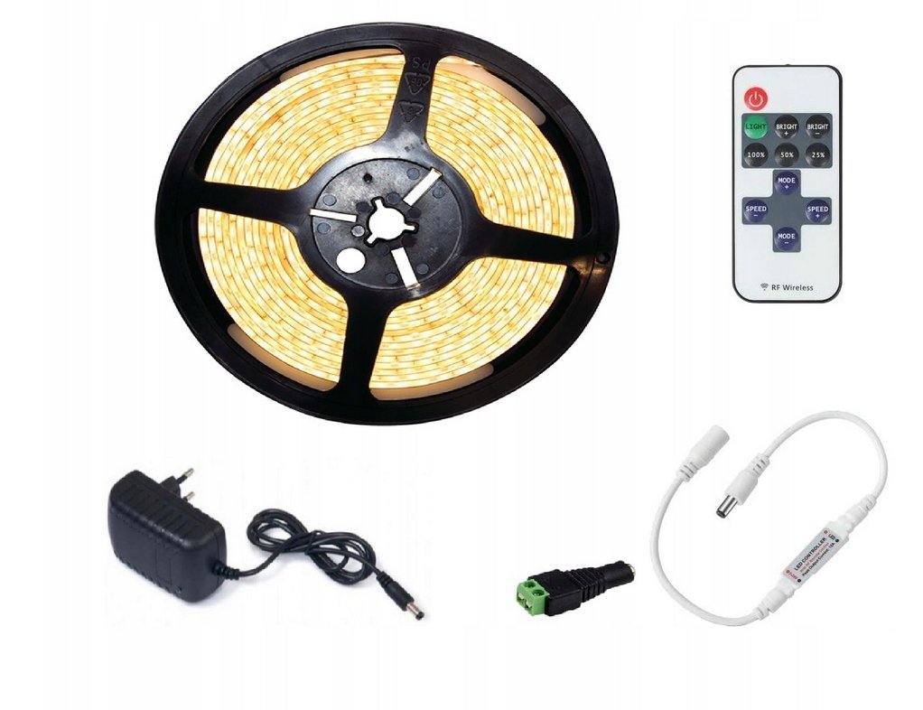 TAŚMA LED 5m NEUTRALNA 4,8W 12V + ZASILACZ + ZŁĄCZKA DC + PILOT ZESTAW ...