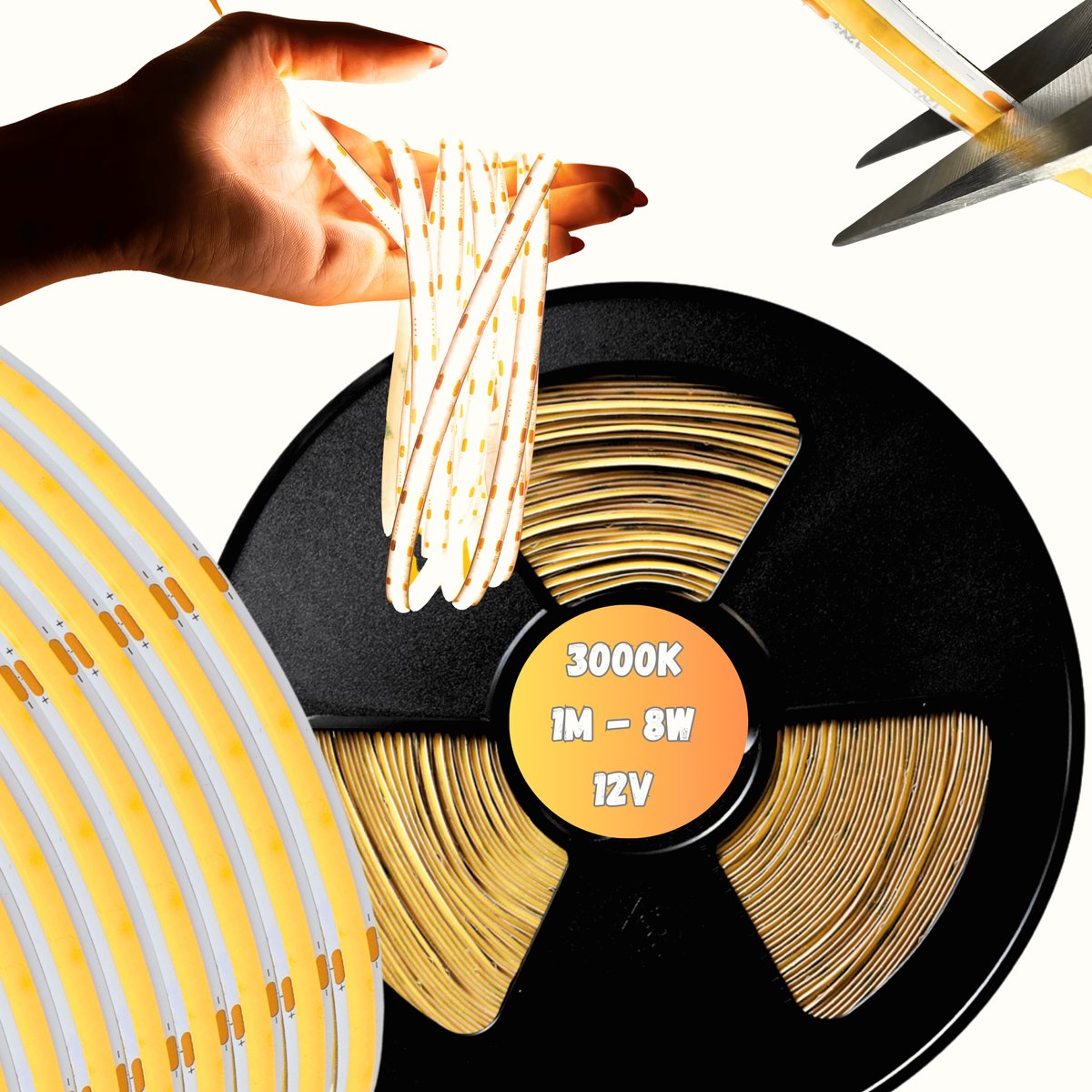 Taśma LED COB 12V 1m NEON pasek linia ciepła 3000K 800lm/m 8W/m mocna ...