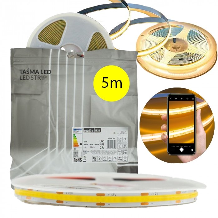 Taśma LED COB 12V 5M rolki NEON linia biała ciepła 3000k 900lm/m 10W ...