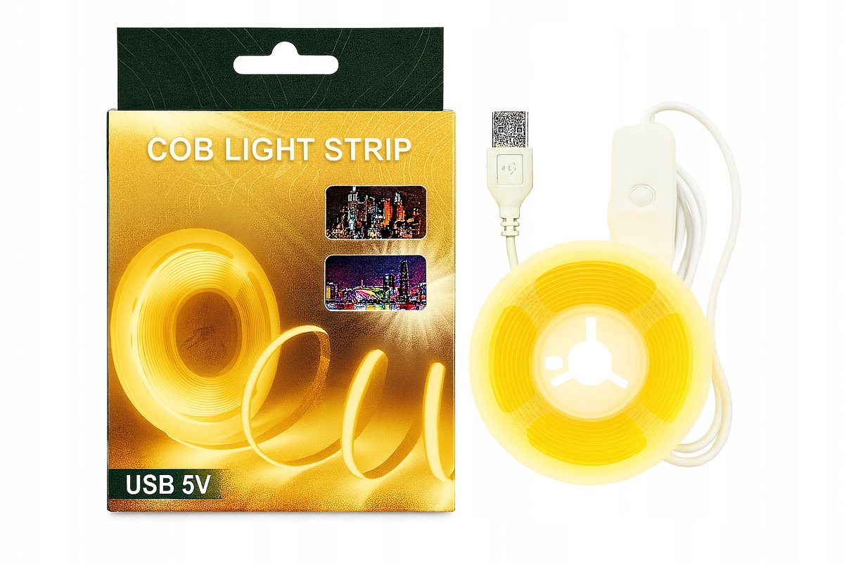 Taśma LED COB 2m USB 5V z włącznikiem ON/OFF Biały Ciepły cięcie co 2 ...